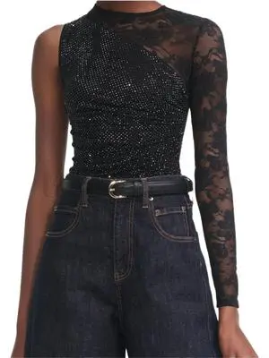 SELF-PORTRAIT Asymmetrical Lace Top - Black