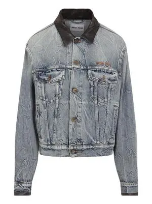 Miu Miu Denim Blouson Jacket With Leather Collar - Light Blue