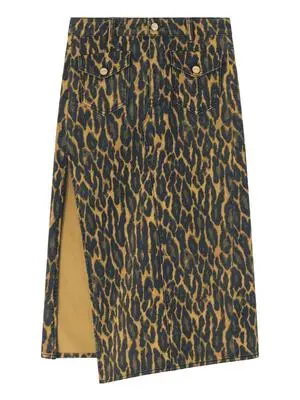 GANNI Leopard Print Denim Midi Skirt - Khaki