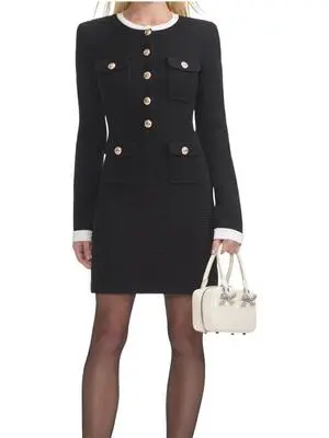 SELF-PORTRAIT Knitted Contrast Collar Mini Dress - Black