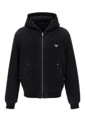 Prada Logo Plaque Zip-up Hooded Jacket - Black