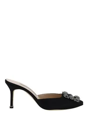 Manolo Blahnik Hangisi Satin Buckle Embellished Mules - Black
