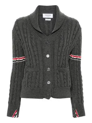 Thom Browne Rwb-stripe Cable-knit Cardigan - Medium Gray