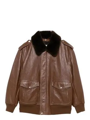 Prada Nappa Leather Bomber Jacket With Fur Collar - Brown
