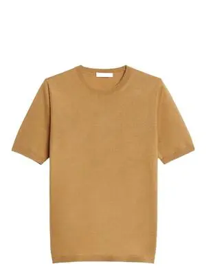 Max Mara Crewneck Knitted Top With Short Sleeves And Ribbed Trim - Camel