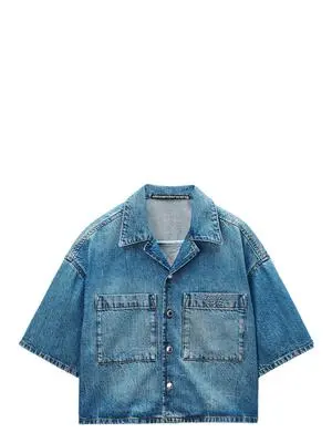 Alexander Wang Cropped Denim Shirt With Logo Pocket - Blue