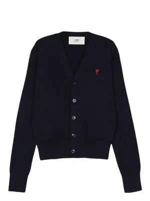 AMI Paris V-neck Cardigan With Embroidered Logo - Black