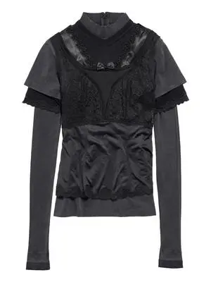 Balenciaga Layered Long-sleeved Top With Lace And Zip Detail - Black