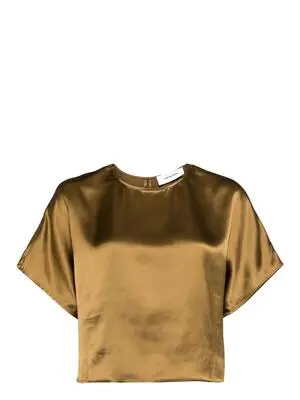 YVES SALOMON Cropped Satin T-shirt - Brown