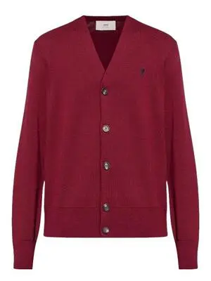 Ami V-neck Cardigan With Embroidered Logo - Burgundy Red