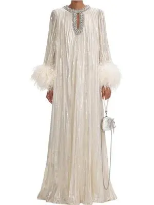 SELF-PORTRAIT Embellished Maxi Dress With Feather Cuffs - Nude