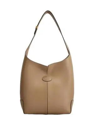 TOD'S Small Leather Logo Patch Tote Bag - Beige