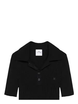 COURREGES Courrèges Half-button Knitted Cropped Polo Top - Black