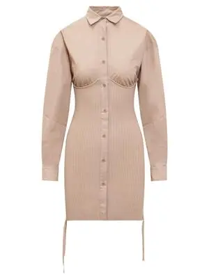 ANDREĀDAMO Ribbed Shirt Dress With Button Details - Nude