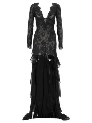 SAINT LAURENT Saint Laurent Ruffled Lace V-Neck Maxi Dress