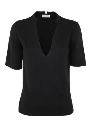 JIL SANDER V-neck Short Sleeve Knit Top - Black