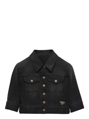 Prada Cropped Denim Jacket With Logo Detail - Black