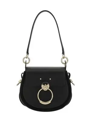 Chloé Tess Logo Embossed Ring Embellished Shoulder Bag - Black