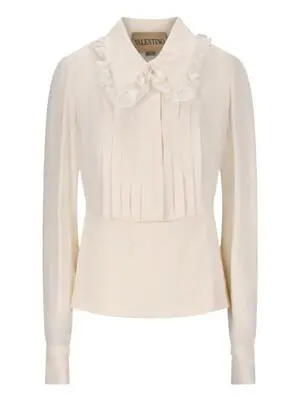 Valentino Garavani Pleated Ruffled Collared Blouse - Ivory White