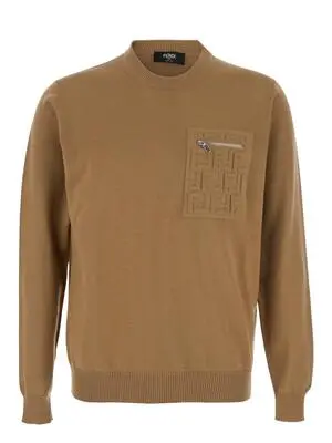 Fendi Crewneck Jumper With Ff Embossed Pocket - Brown