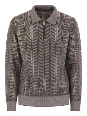 BRUNELLO CUCINELLI Brunello Cucinelli Herringbone Patterned Zip-Up Polo Shirt