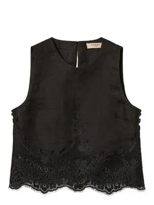 TWINSET Sleeveless Lace Trim Top - Black