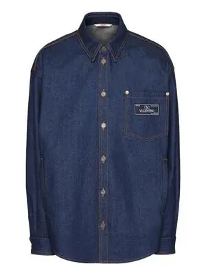 Valentino Garavani Logo Patch Long-sleeved Denim Shirt - Blue