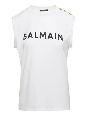 Balmain Logo Print Sleeveless Tank Top - White