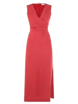 Brunello Cucinelli Brunello Cucinelli Sleeveless Fluid Twill Wrap-Effect Midi Dress With Slit Skirt Red