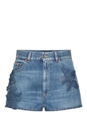VALENTINO Valentino Medium Blue Denim Shorts With Petal Appliqué