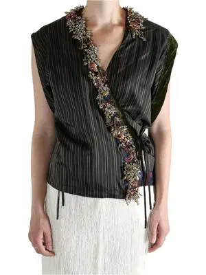 Dries Van Noten Embellished Striped Wrap Top - Black