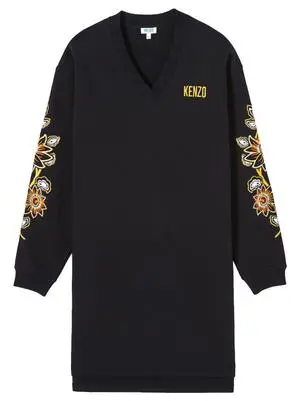 Kenzo V-neck Embroidered Flower Logo Dress - Black