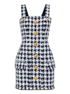 Balmain Houndstooth Button Detailed Tweed Mini Dress - Black