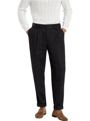 Brunello Cucinelli Chalk-stripe Linen Trousers - Black