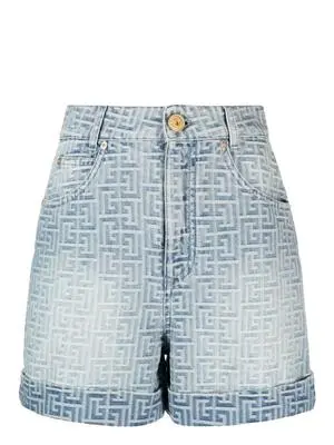 Balmain Monogrammed High-waisted Denim Shorts - White