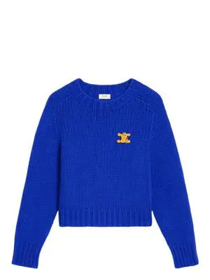 Celine Crewneck Sweater In Cashmere And Silk With Crocheted Triomphe Appliqu - Blue