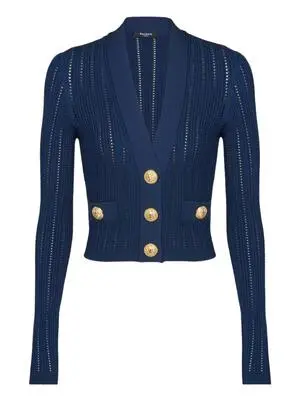 Balmain Cropped Knit Cardigan With Gold Lion Head Buttons - Blue