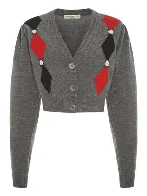 Alessandra Rich Cropped Cardigan With Argyle Detail - Black