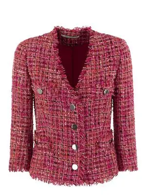 TAGLIATORE Tagliatore V-Neck Tweed Jacket With Fringed Edges