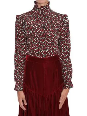 Saint Laurent Ruffle Trim Printed Blouse - Red