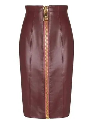 Balmain Leather Pencil Skirt With Zipper Detail - Brown