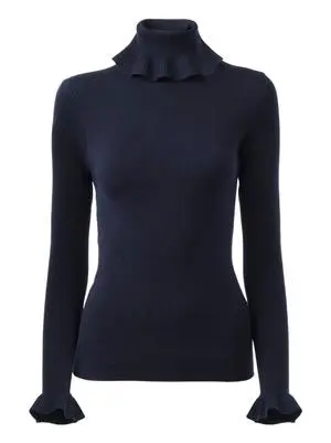 Chloé Ribbed Turtleneck Sweater With Ruffle Detailing - Navy Blue