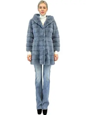 LISKA Hooded Fur Coat With Leather Stripes - Blue