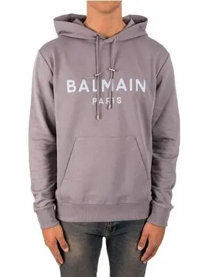 Balmain Logo Printed Drawstring Hoodie - Gray