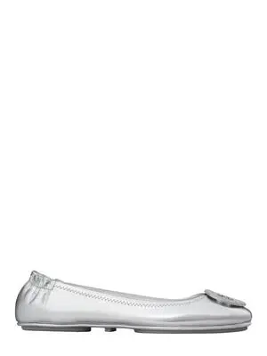 Tory Burch Pleated Metallic Leather Ballet Flats With Logo Applique - Silver/silver