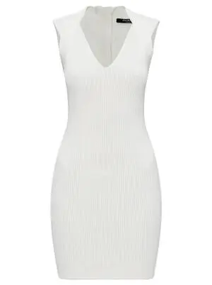 Balmain Ribbed V-neck Sleeveless Knit Dress - Cream