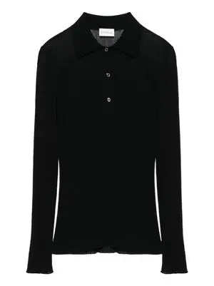 Moncler Long-sleeved Fine Ribbed Polo Top With Lapel Collar - Black