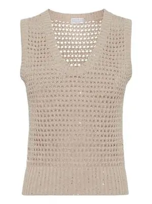 Brunello Cucinelli Sequin Embellished Open Knitted Vest - Brown