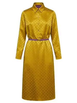 Gucci Gg Jacquard Long Sleeve Dress With Belt - Brown