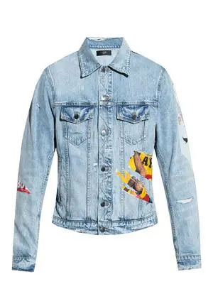 Amiri Long-sleeved Denim Trucker Jacket With Graphic Embellishments - Blue